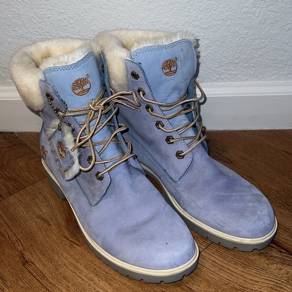 Timberland | Shoes | Timberland Ice Blue Leather Boots W Fluff Ankle ...